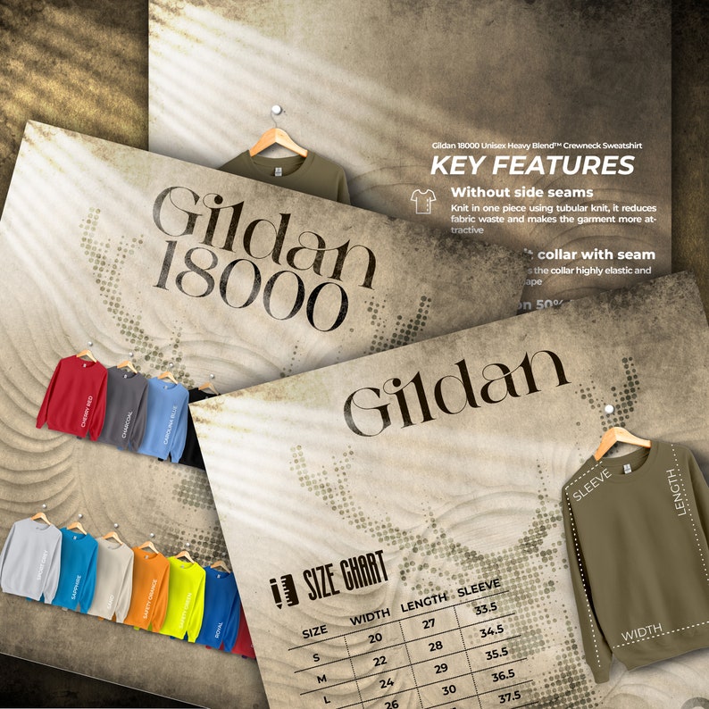 Gildan 18000 Size Chart and Color Chart, Key Features Listing Files Bundle, Deer Bundle ...