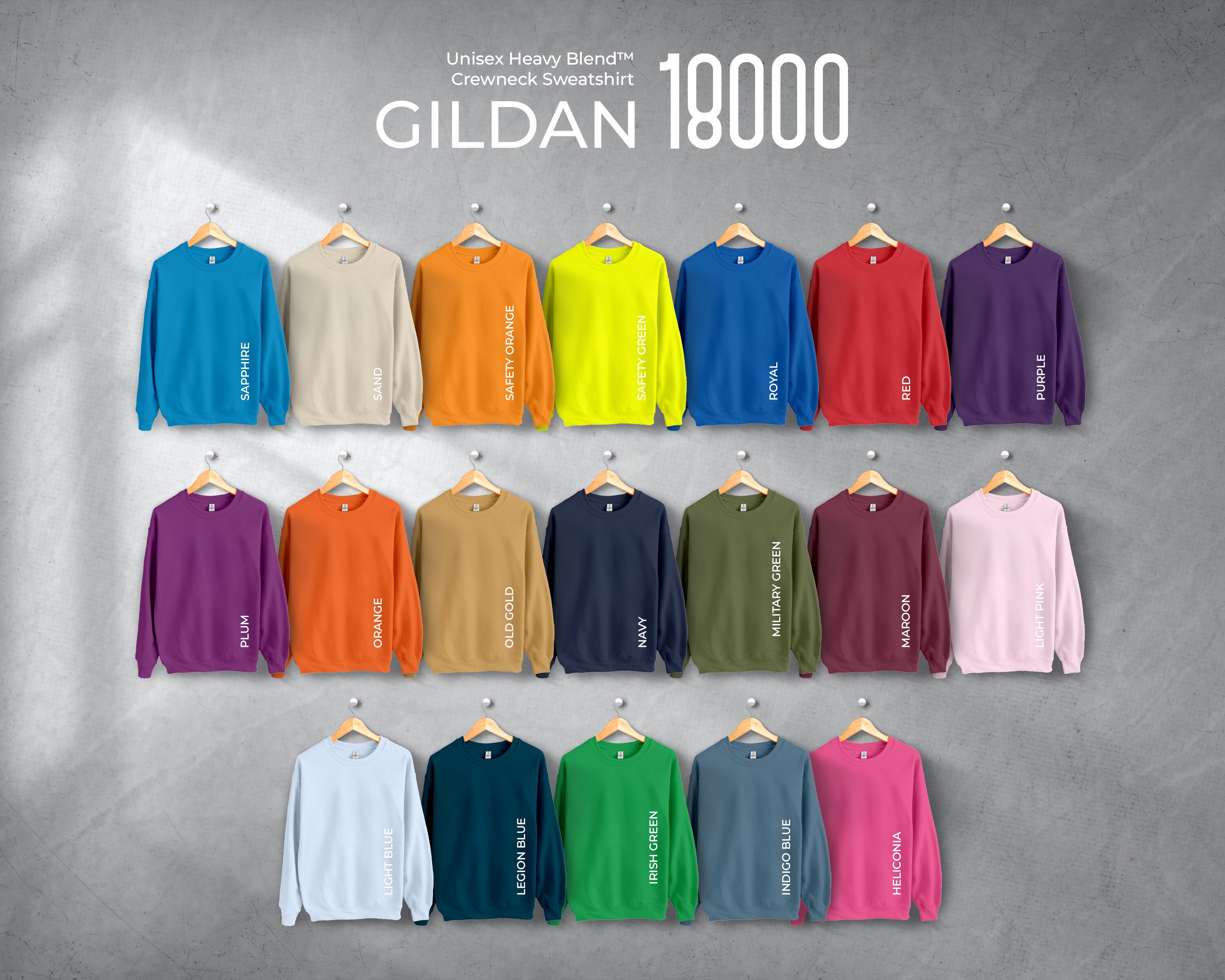 Gildan 18000 Color Chart, Full Editable Files, Light Effect, Sweatshirt ...