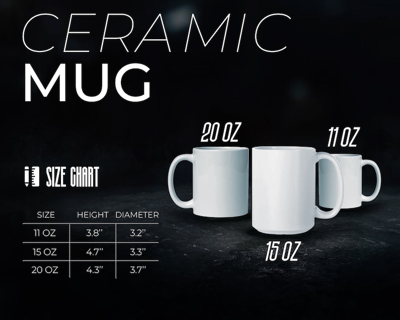 Mug Size Chart 11, 15, 20 Oz Coffee Cup Mockup, Sizing for Ceramic ...
