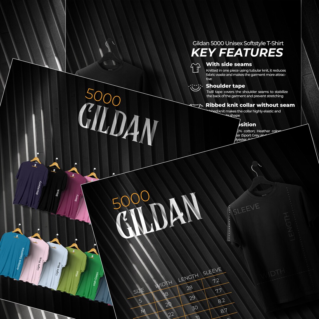 Gildan 5000 Size Chart and Color Chart, Key Features Listing Files ...