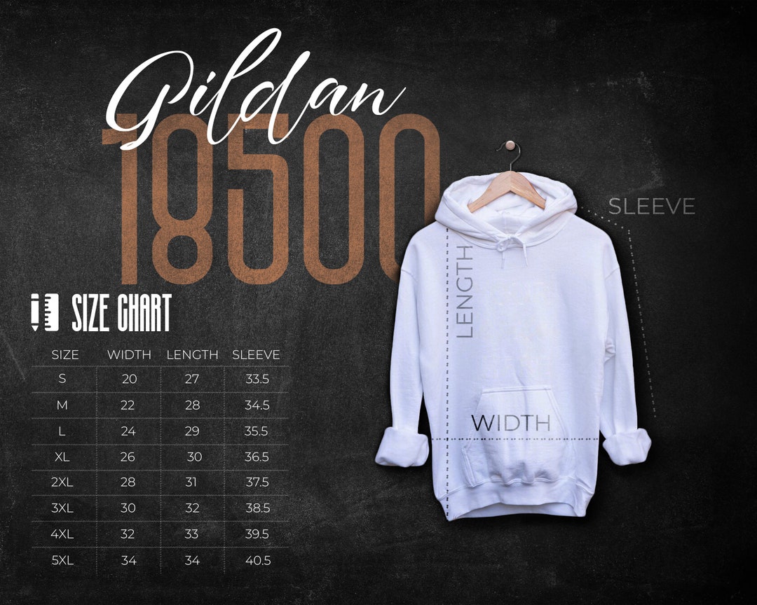 Gildan 18500 Size Chart, Hoodie Mockup, White Hoodie Size Chart, Unisex ...