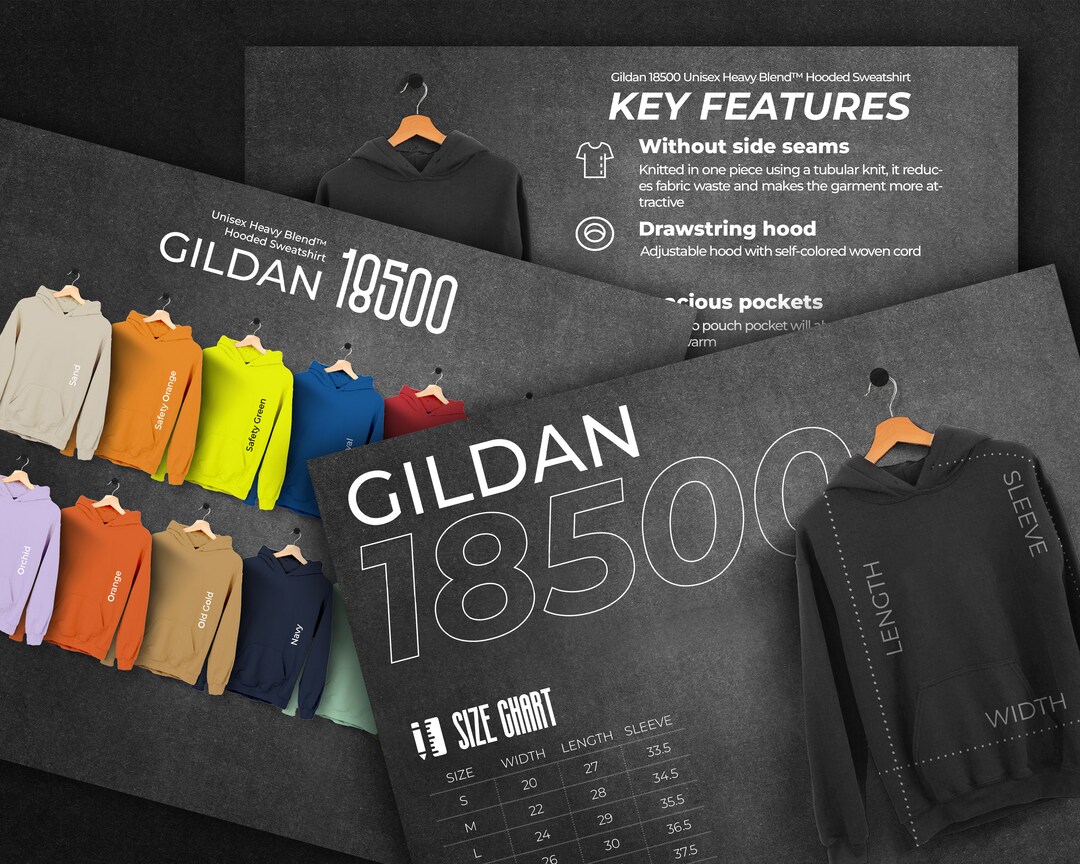 Gildan 18500 Size Chart and Color Chart, Key Features Listing Files Bundle, Black Bundle ...