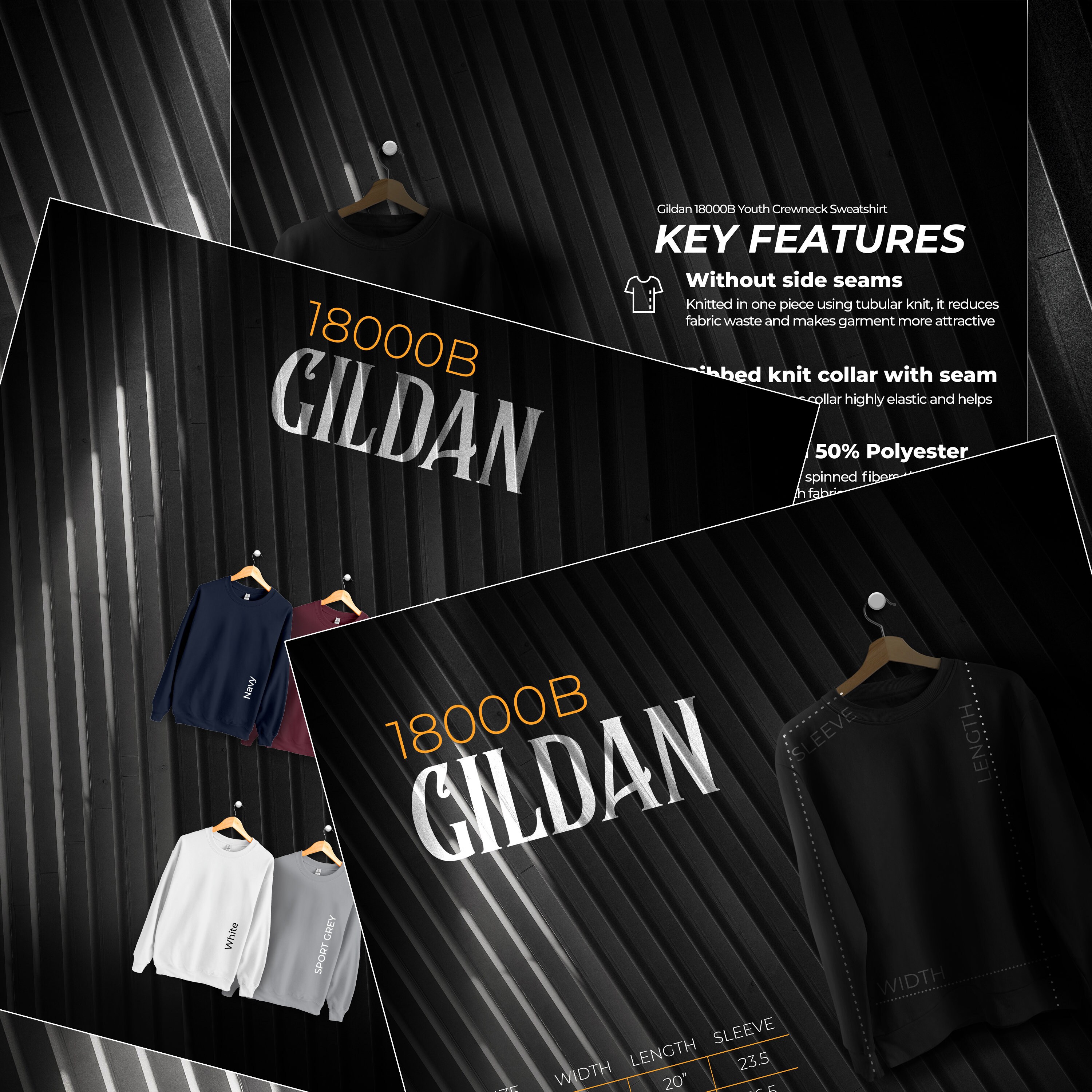 Gildan 18000B Size Chart and Color Chart, Key Features Listing Files ...