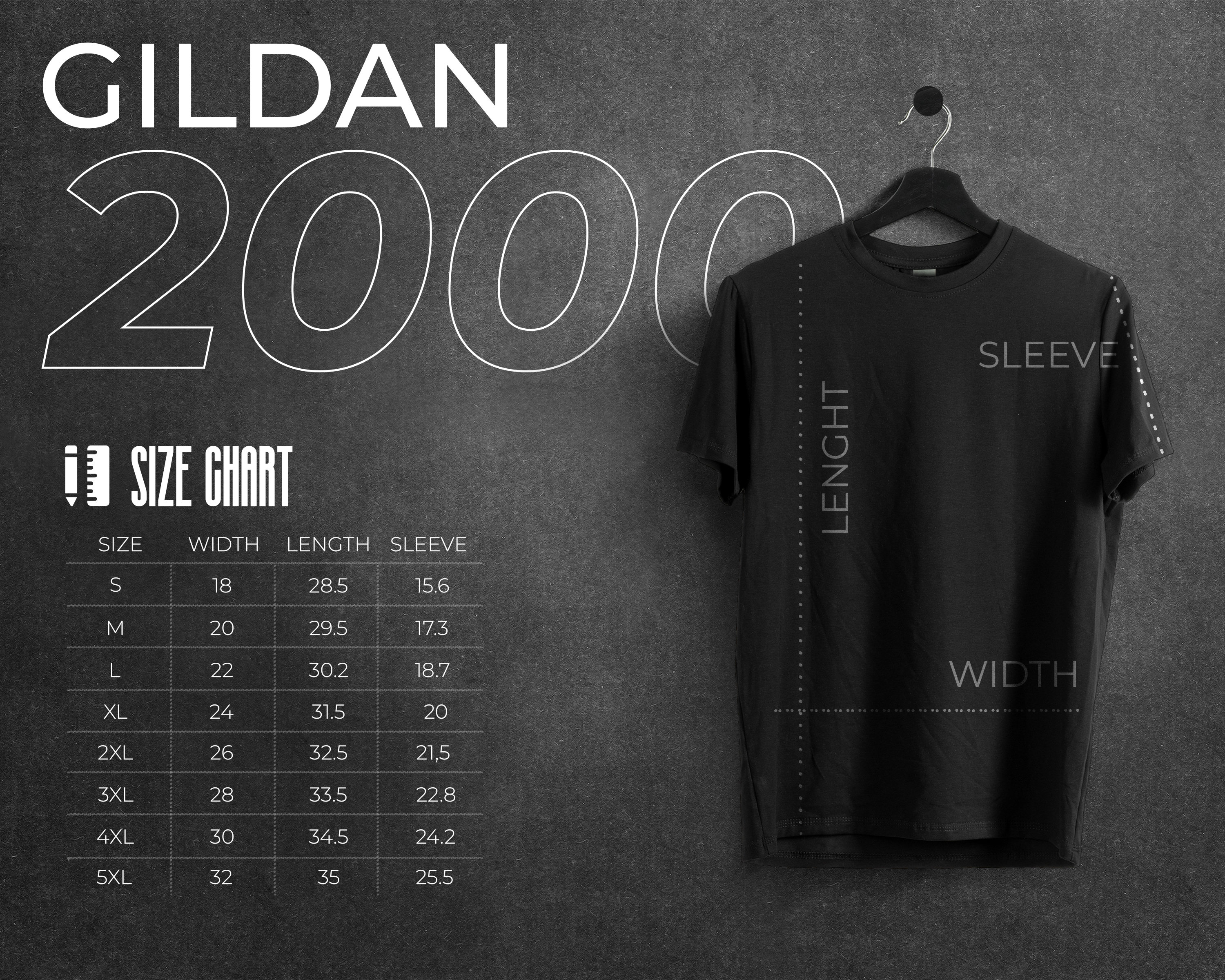 Tabla de tallas de Gildan 2000, medidas de camisetas, tabla de tallas de 2000, camiseta de ...