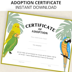 Pet Adoption Certificate Bird Adoption Certificate Parrot - Etsy