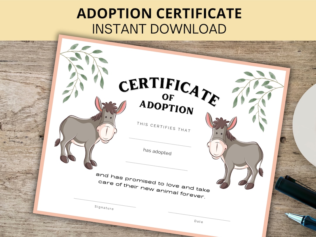 Pet Adoption Certificate, Donkey Adoption Certificate, Printable ...