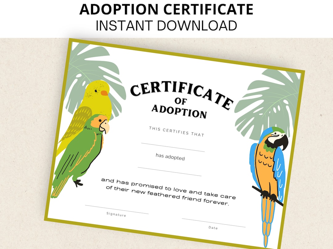 Pet Adoption Certificate, Bird Adoption Certificate, Parrot, Canary ...