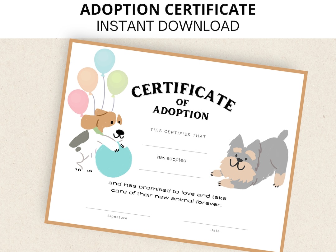 Dog Adoption Certificate, Pet Adoption Certificate, Printable, Instant ...