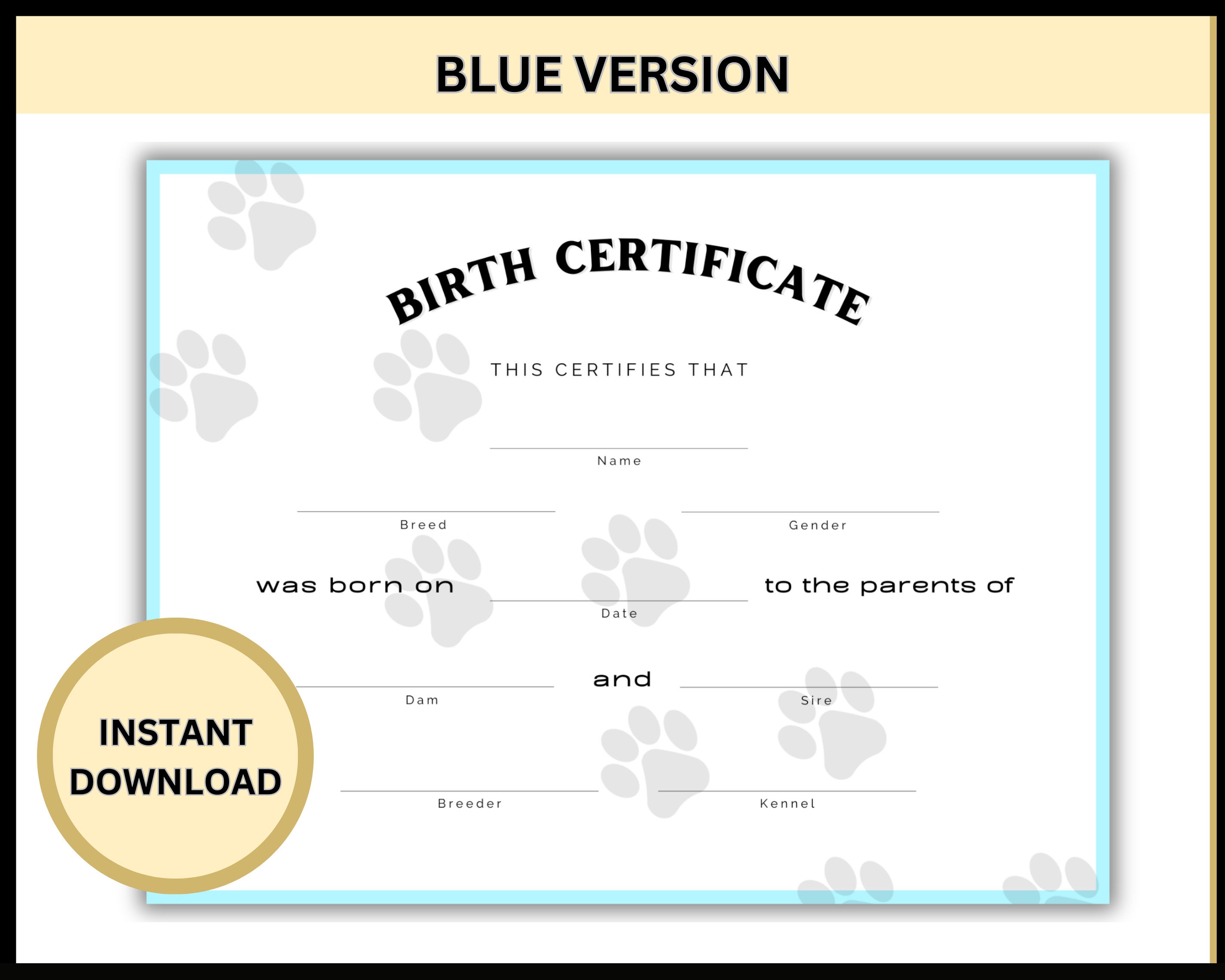 Puppy Birth Certificate, Digital Download, Dog Birth Certificate, Paws ...