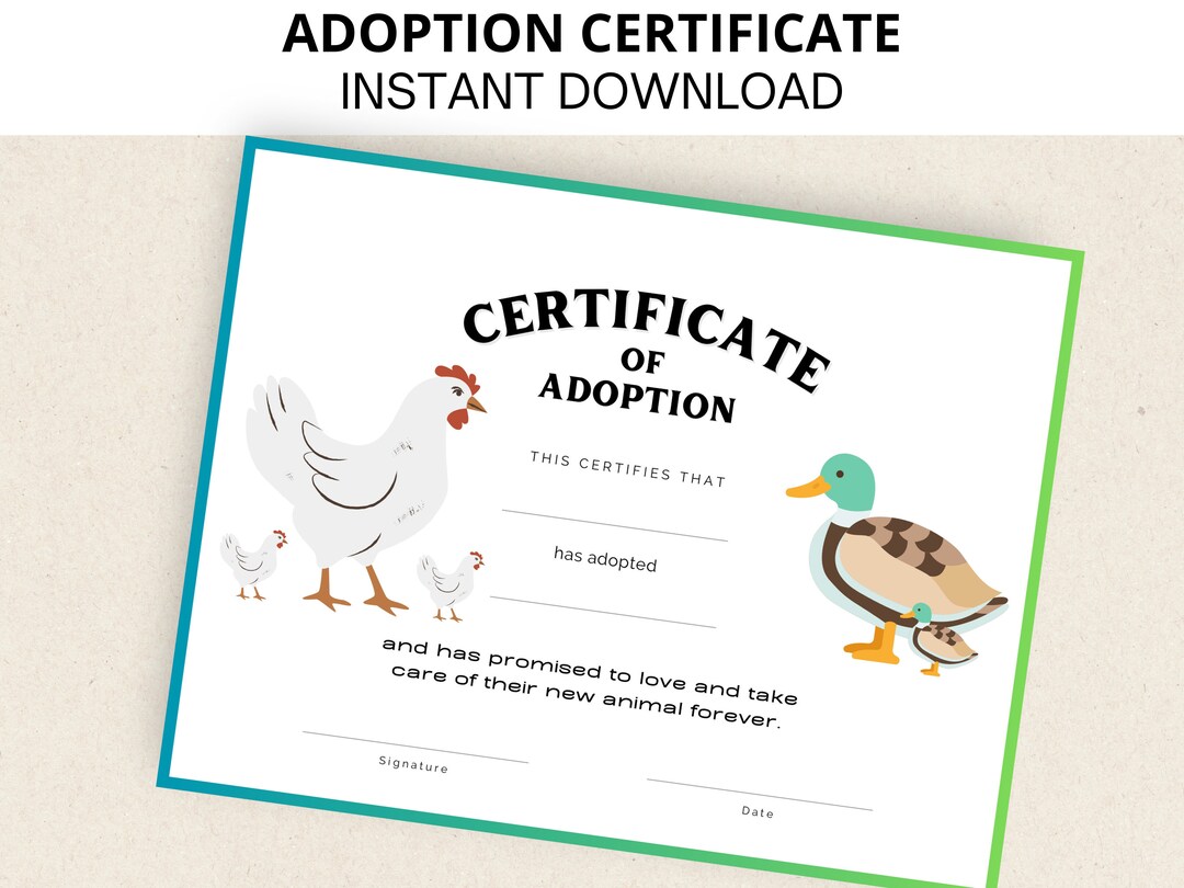 Pet Adoption Certificate, Chicken Adoption Certificate, Duck Adoption ...