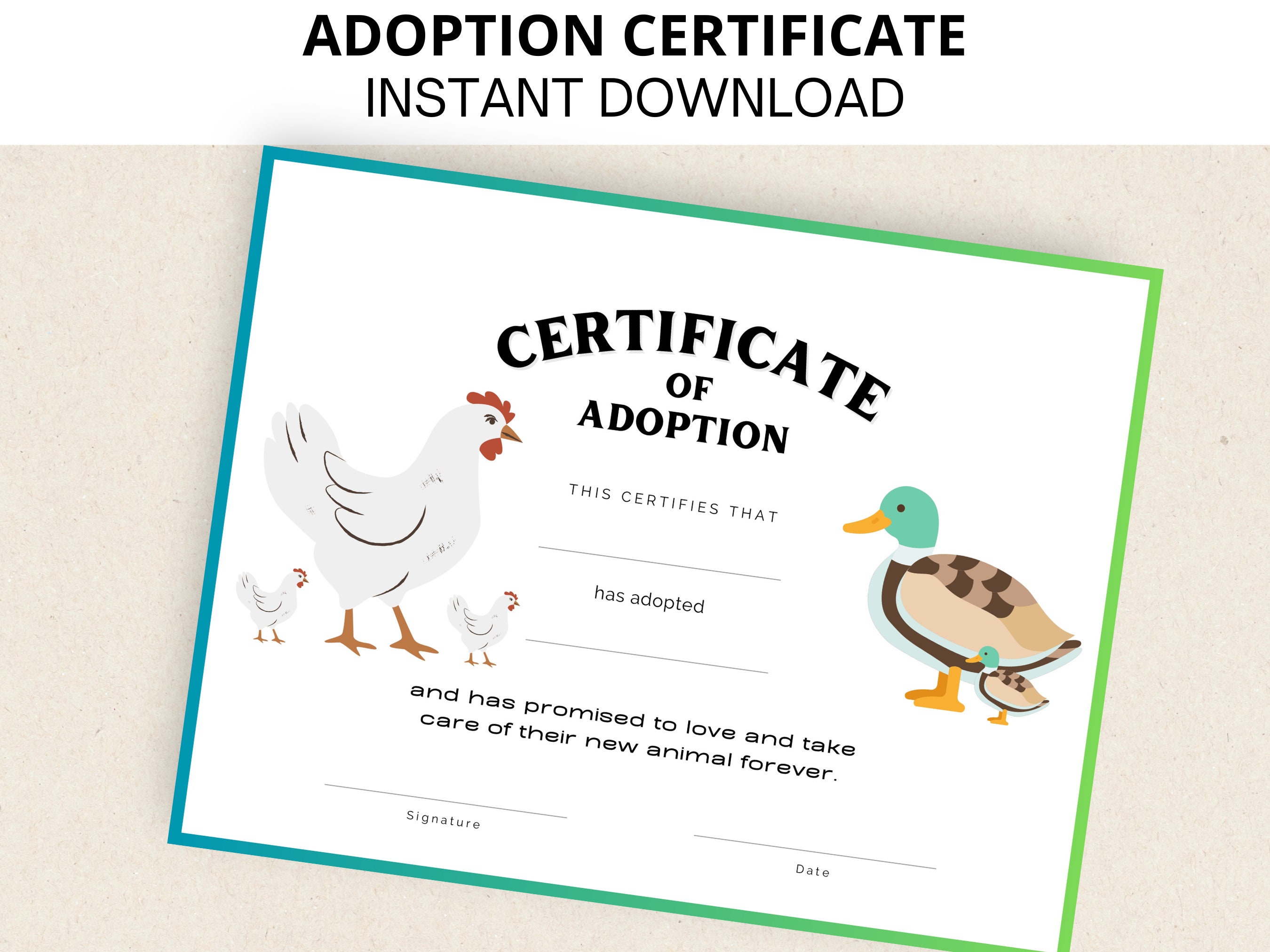 Pet Adoption Certificate, Chicken Adoption Certificate, Duck Adoption ...