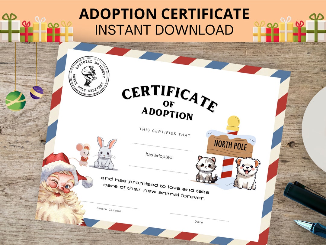 Pet Adoption Certificate, Christmas Theme, Santa Gift, Certificate of ...