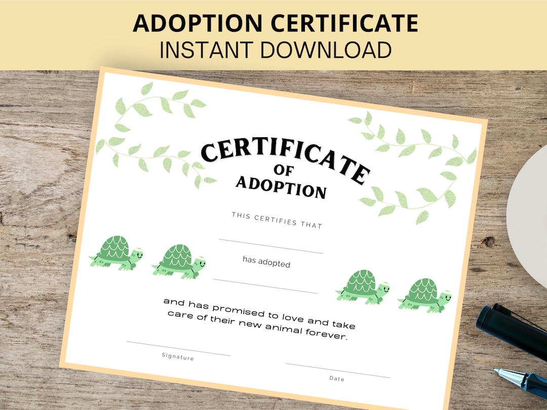 Pet Adoption Certificate, Turtle Adoption, Printable, Instant Download ...
