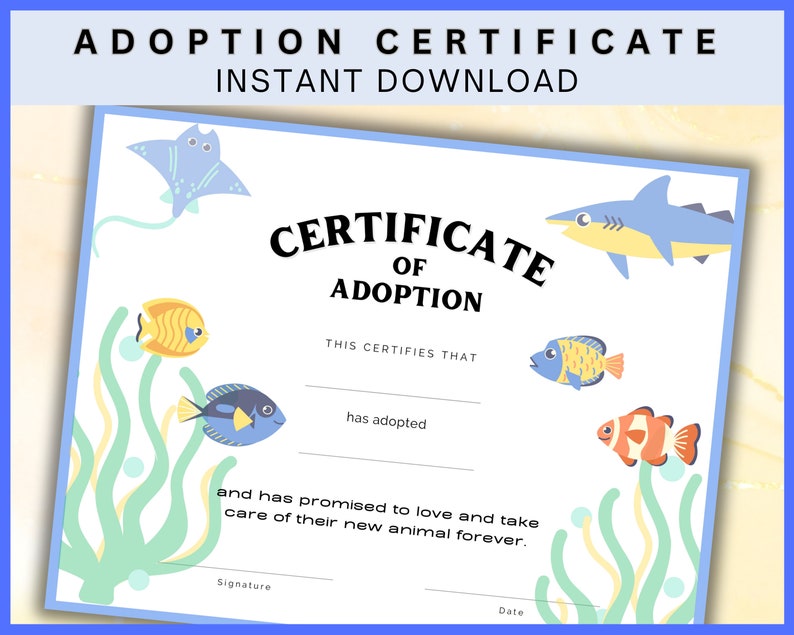 Pet Adoption Certificate, Fish Adoption Certificate, Printable, Instant ...