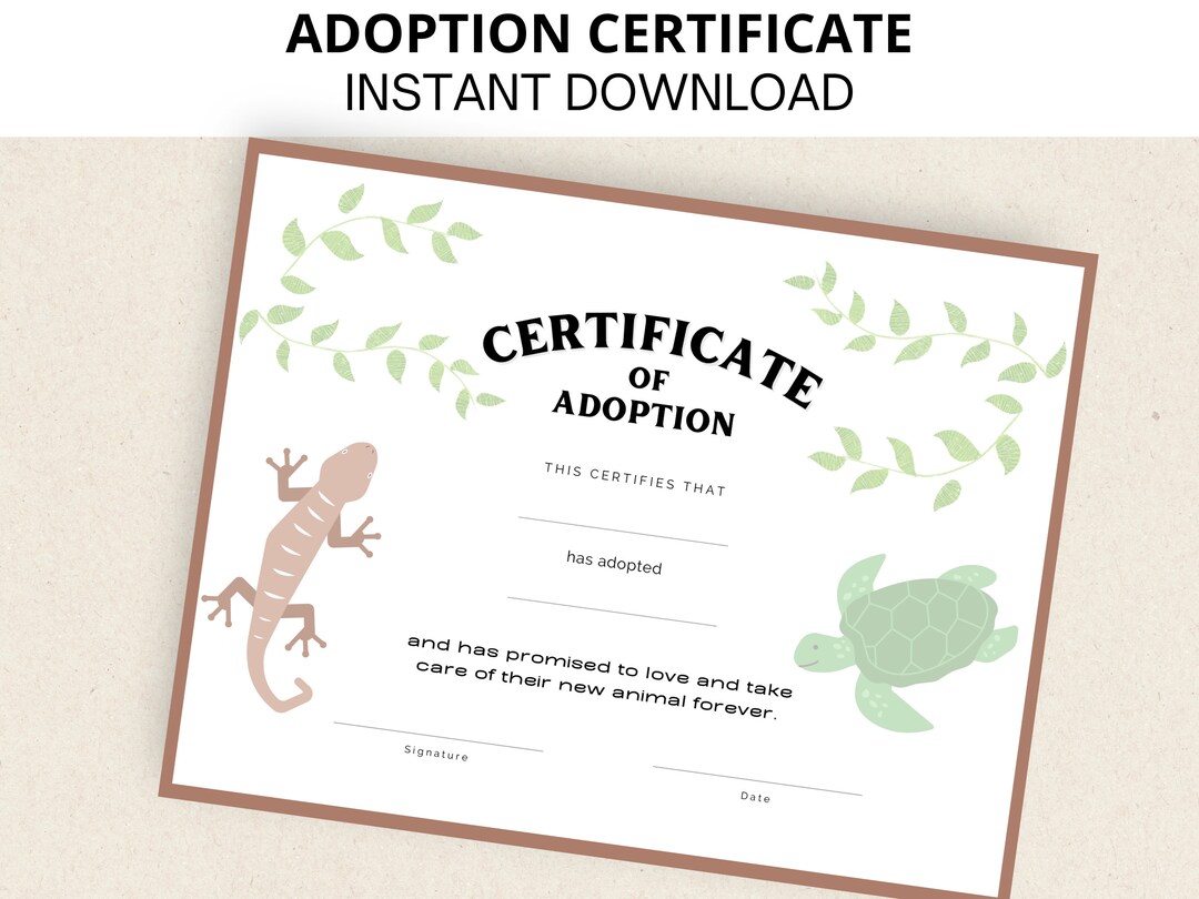 Pet Adoption Certificate, Printable, Instant Download, Letter Size, A4 ...