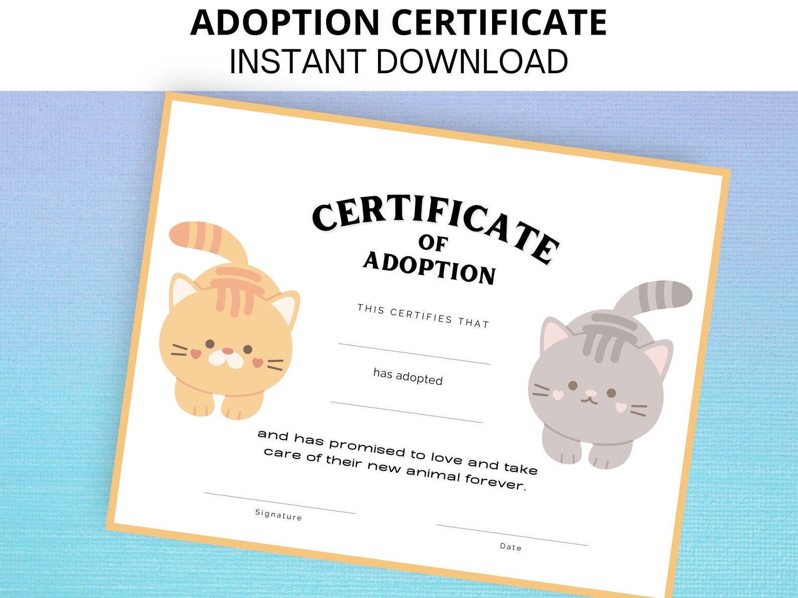 Cat Adoption Certificate, Pet Adoption Certificate, Printable, Instant ...