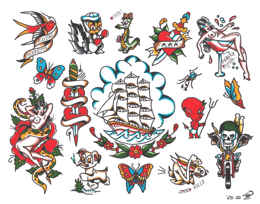 Traditional Tattoo Flash Sheet Print Inspired by Zeke Owen - Etsy