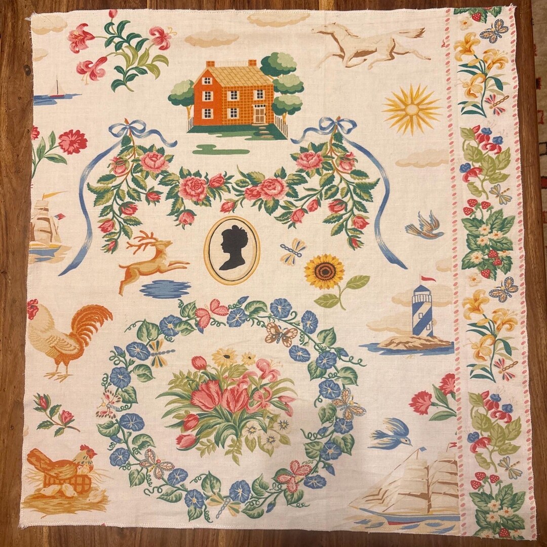 Lee Jofa, Rare Fabric up Country, Farm Life Theme 28”x26.5” Folk Toile ...