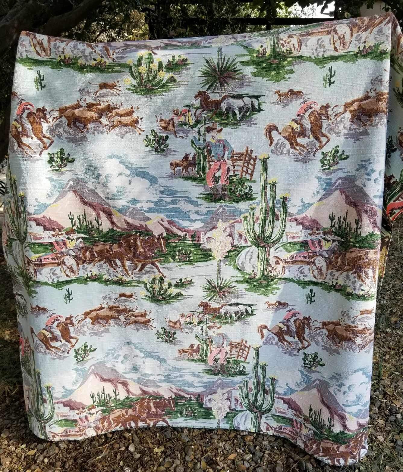 True Vintage , Western Themed, Cowboy and Indian Barkcloth - Etsy