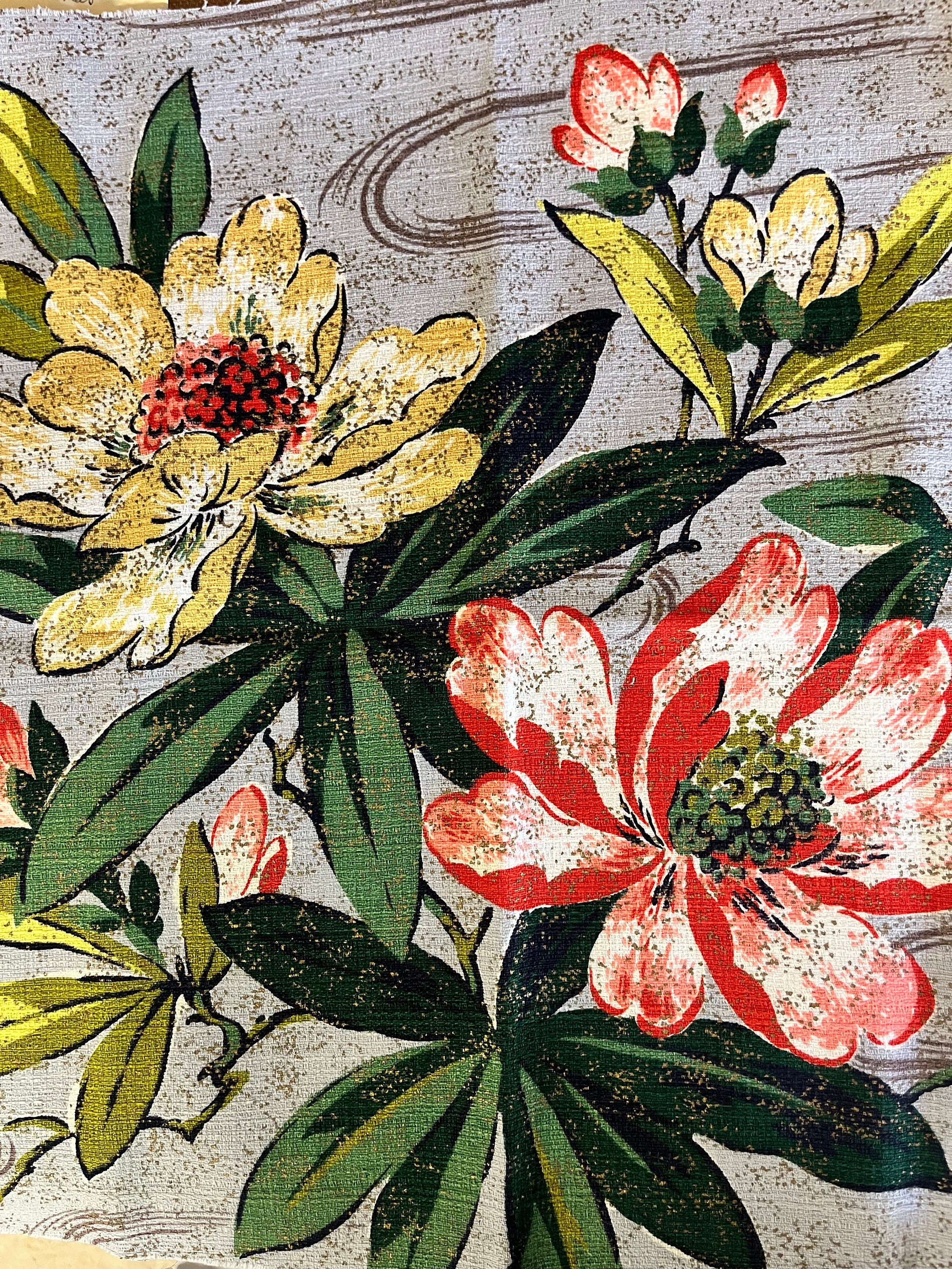 True Vintage Mid Century Tropical Barkcloth With Vibrant Red and Golden ...
