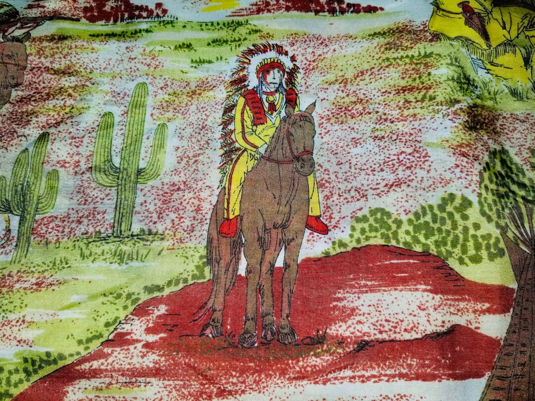 Vintage Fabric Western, Native American Battle Scene, Novelty, Print ...