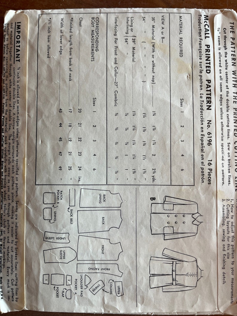 Dress Coat Butterick Sewing Pattern 6196 Boys 2 VTG 40s Cut Event ...