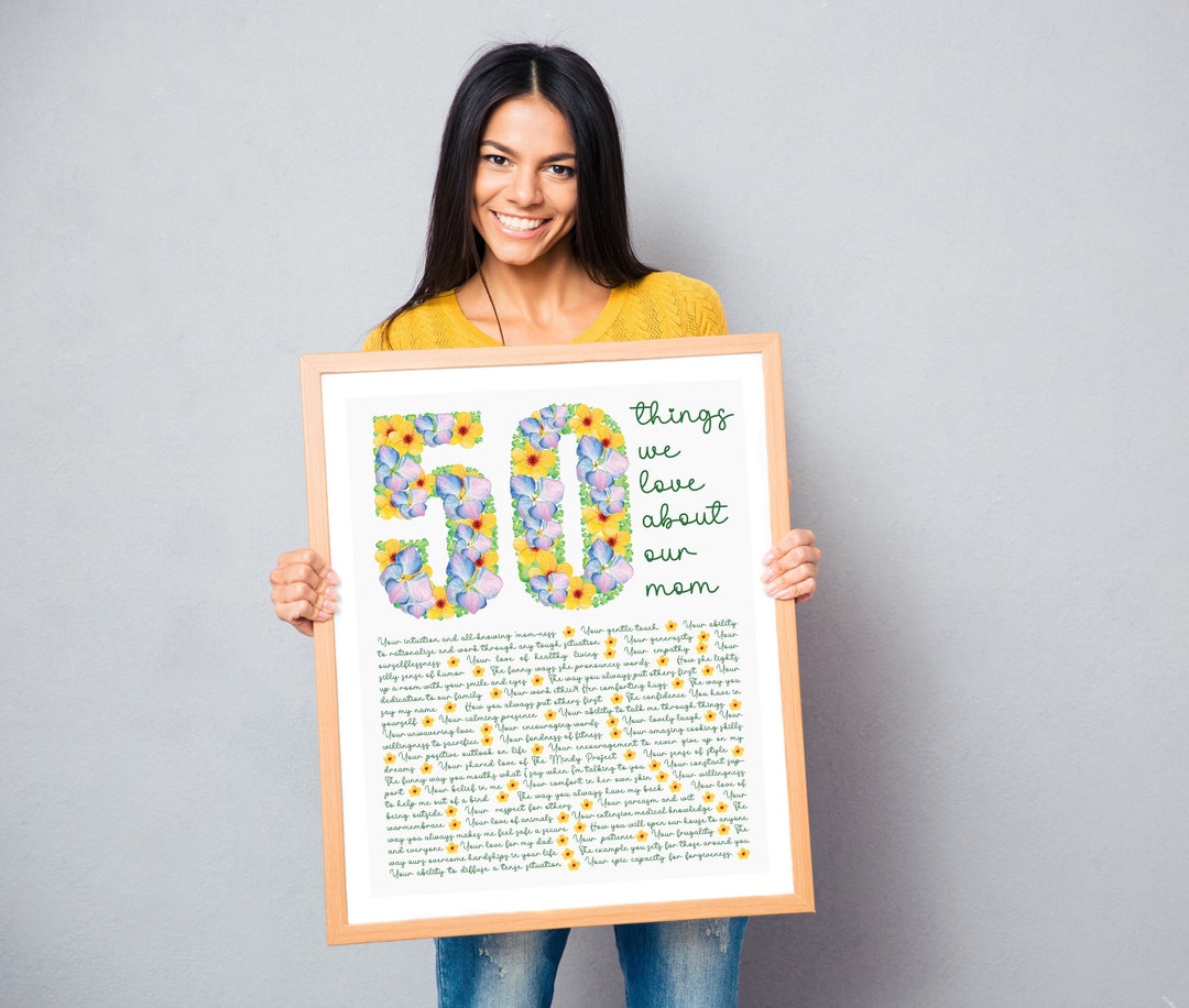 50 Things We Love About You Poster, Personalized Flowered 50th Birthday ...