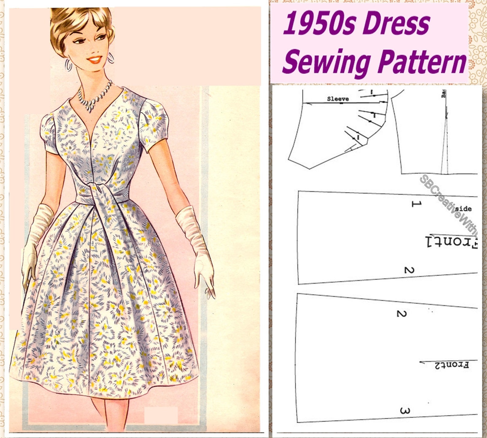 1950s Cocktail Dress Sewing Pattern (PDF Download) - Etsy