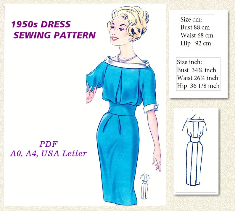 1950s Dress Sewing Pattern PDF, Vintage Dress Pattern PDF, 1950 Dress ...
