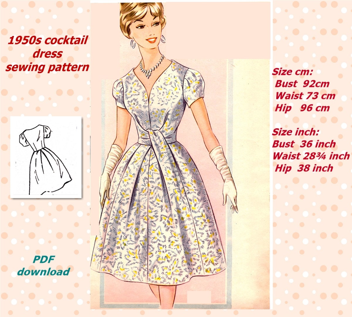 1950s Cocktail Dress Sewing Pattern (PDF Download) - Etsy