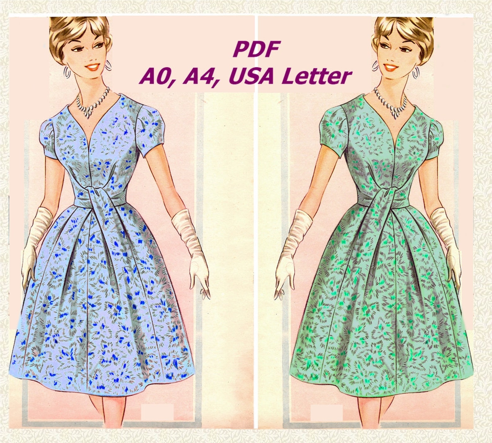 1950s Cocktail Dress Sewing Pattern (PDF Download) - Etsy