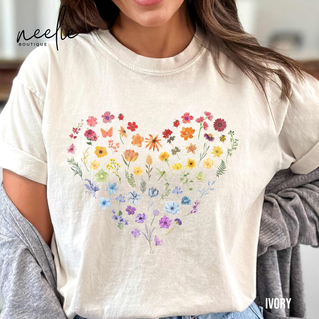 Comfort Colors Subtle Pride Rainbow Wildflower Heart Shirt, Floral ...