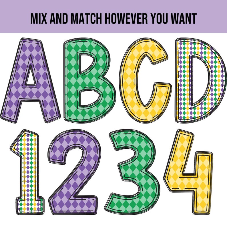 Mardi Gras Doodle Letters PNG Alphabet Bundle Set With Numbers, Mardi ...