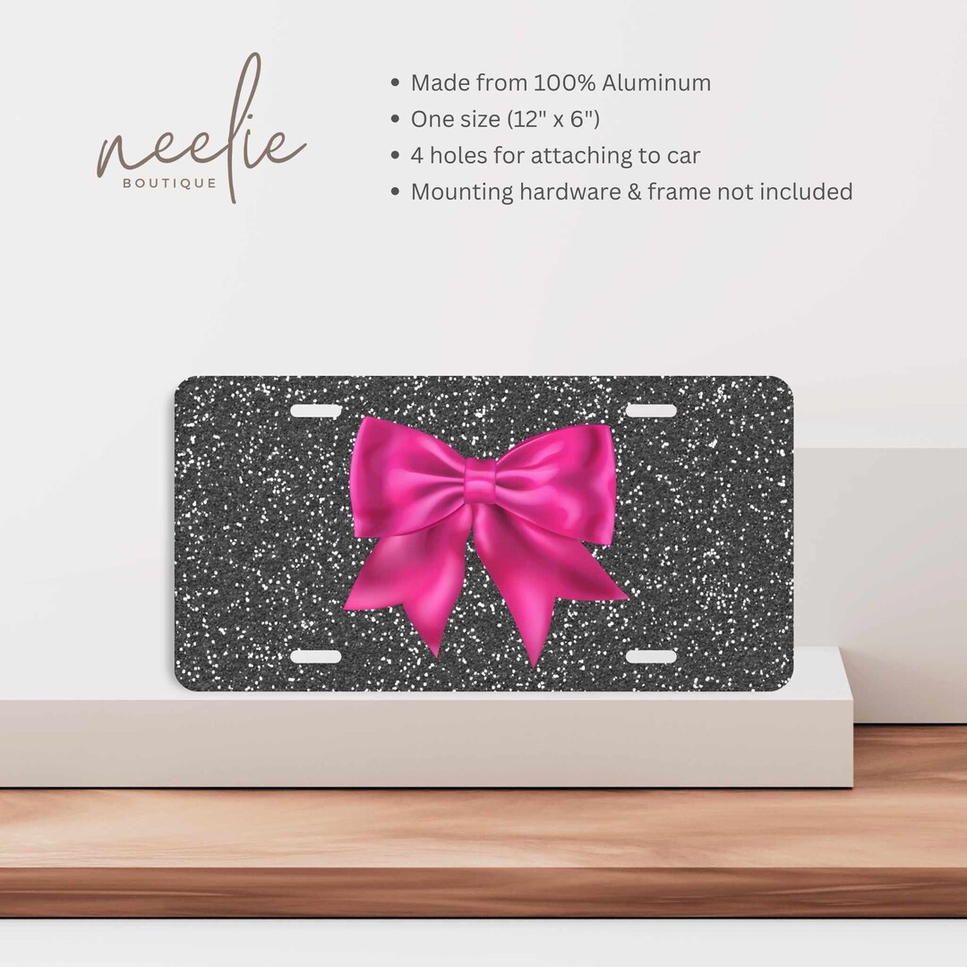 Front License Plate Hot Pink Bow on Black Glitter-effect Background ...