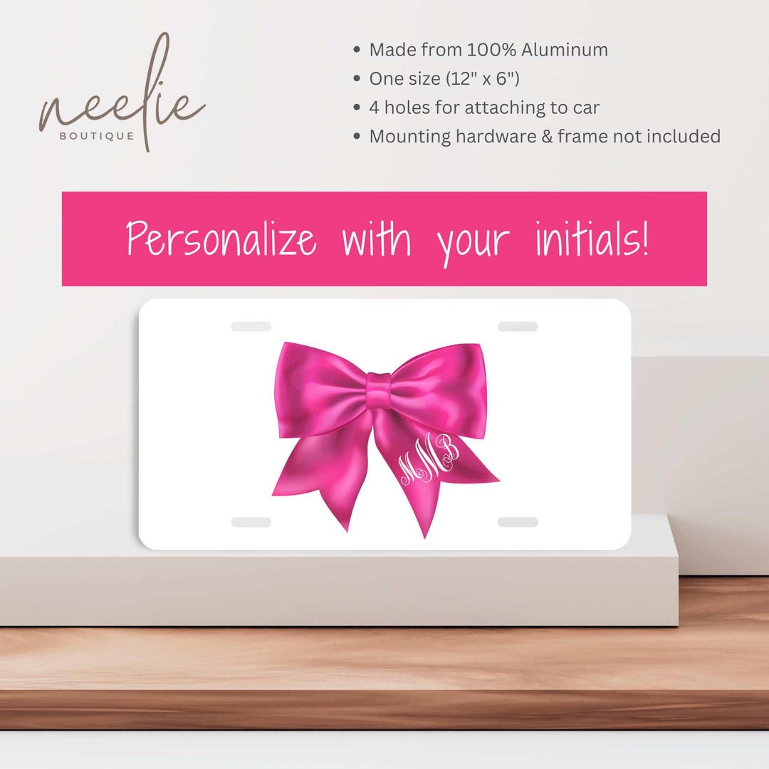 Personalized Monogram License Plate, Custom Initials Hot Pink Bow on ...