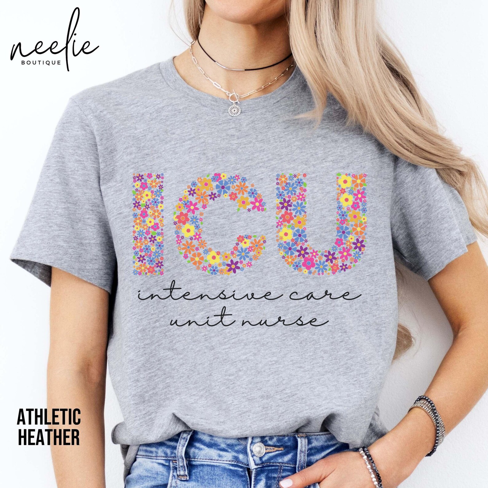 ICU Nurse T-shirt, Intensive Care Unit Nurse Flower Letters Crewneck ...