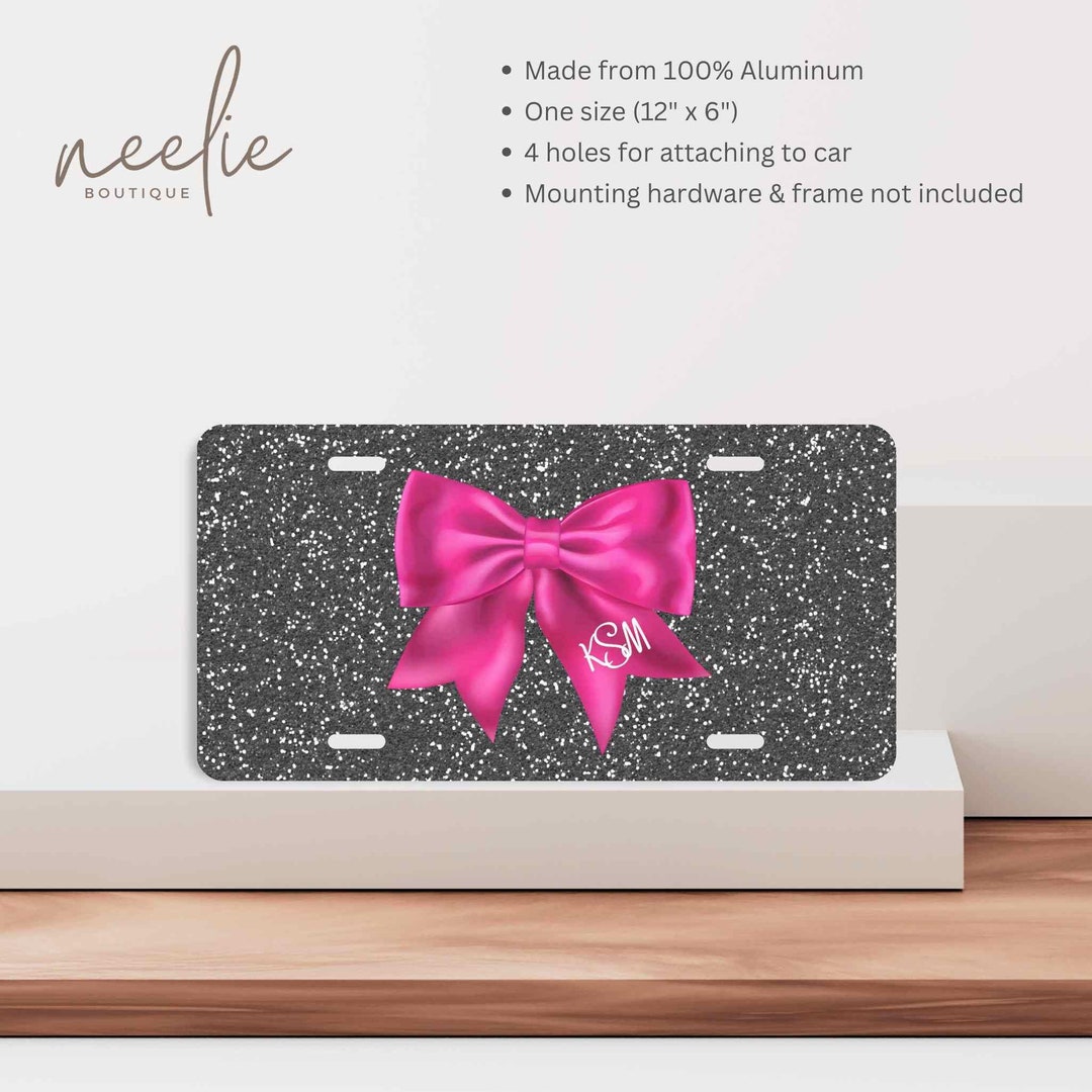 Personalized Front License Plate Hot Pink Bow on Black Glitter-effect ...