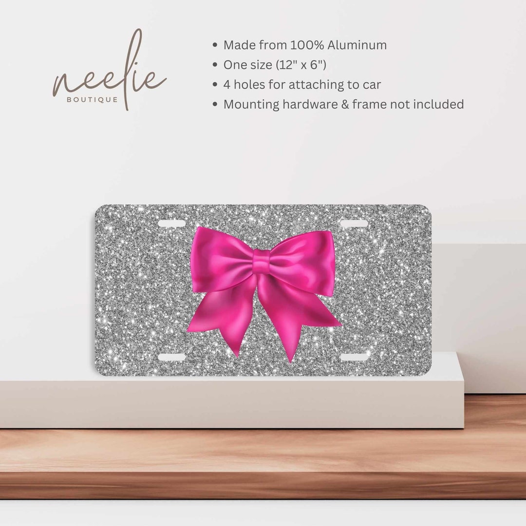 Front License Plate Hot Pink Bow on Silver Glitter-effect Background ...