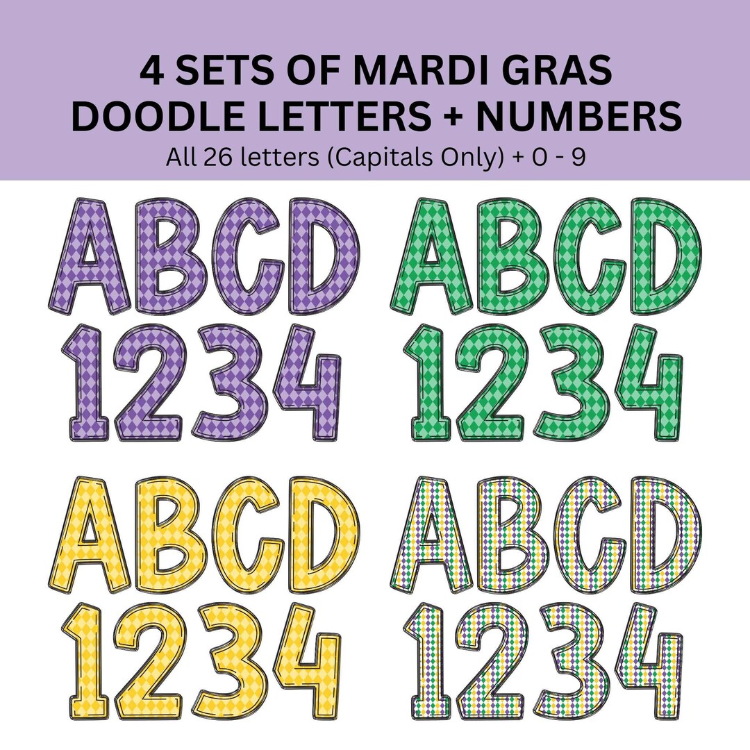 Mardi Gras Doodle Letters PNG Alphabet Bundle Set With Numbers, Mardi ...