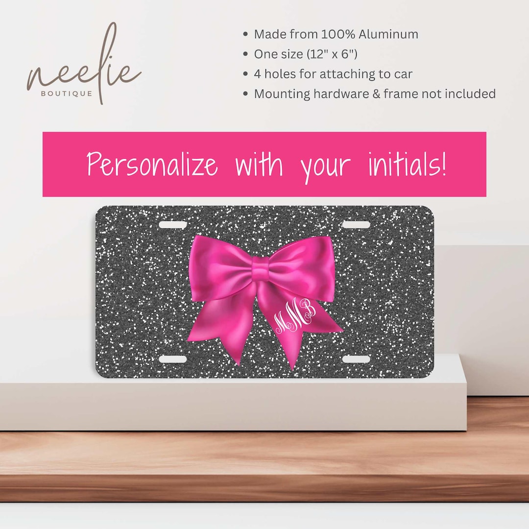 Personalized Front License Plate Hot Pink Bow on Black Glitter-effect ...