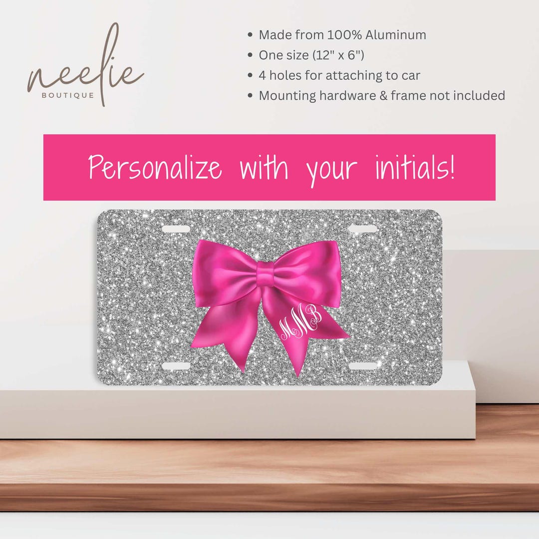 Personalized Monogram Front License Plate, Custom Initials Hot Pink Bow ...