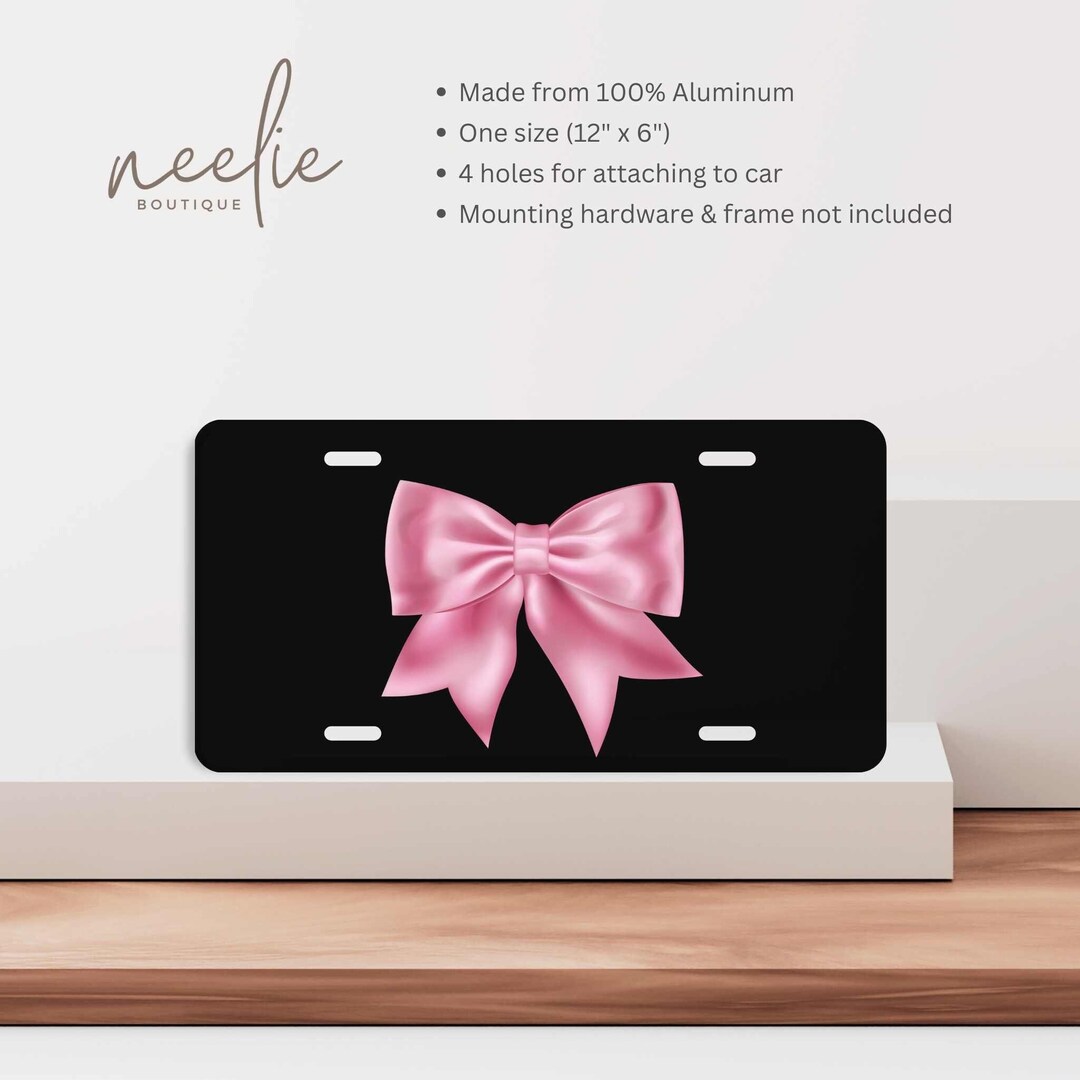 Pink Bow on Black Simple Front License Plate, Elegant Coquette-style ...