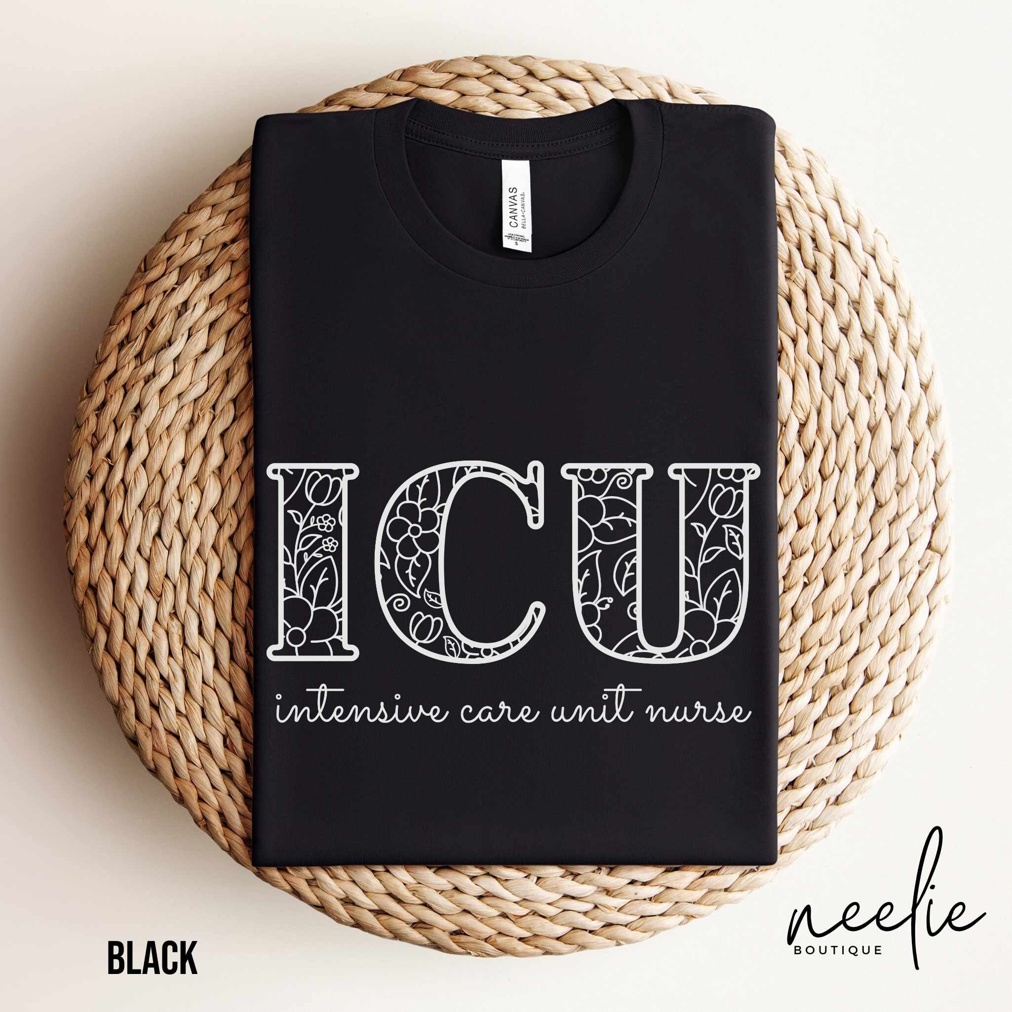ICU Nurse T-shirt Intensive Care Unit Nurse Floral Letters Crewneck Tee ...