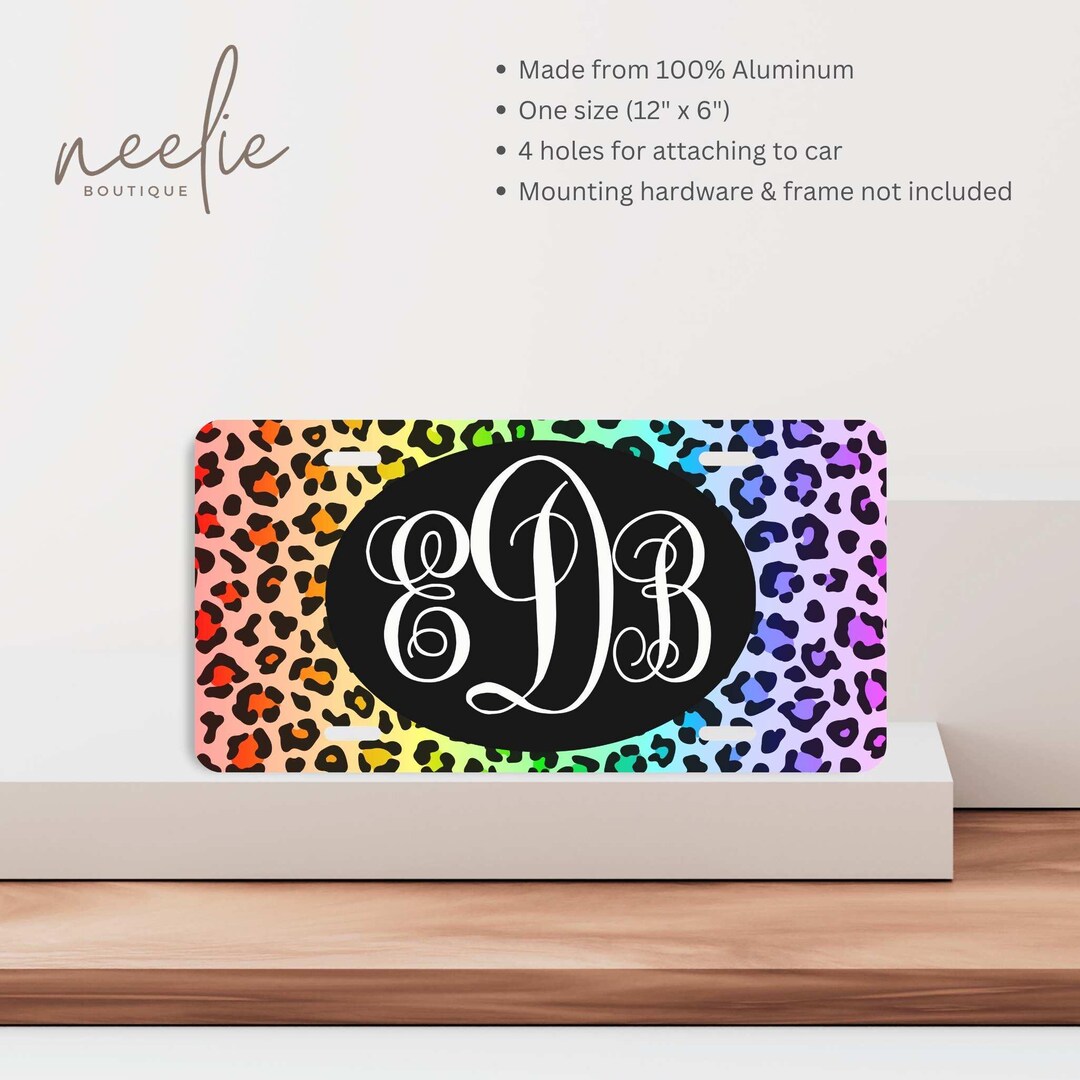 Personalized Monogram Front License Plate, Custom Rainbow Leopard Print ...