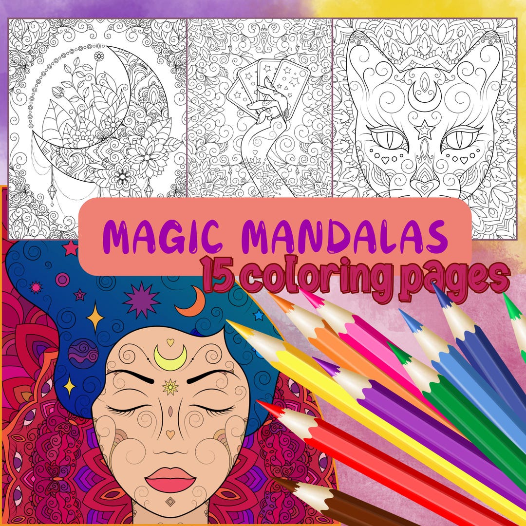 Magic Mandalas Coloring Book: 15 Stress Relief Pages (PDF) - Etsy