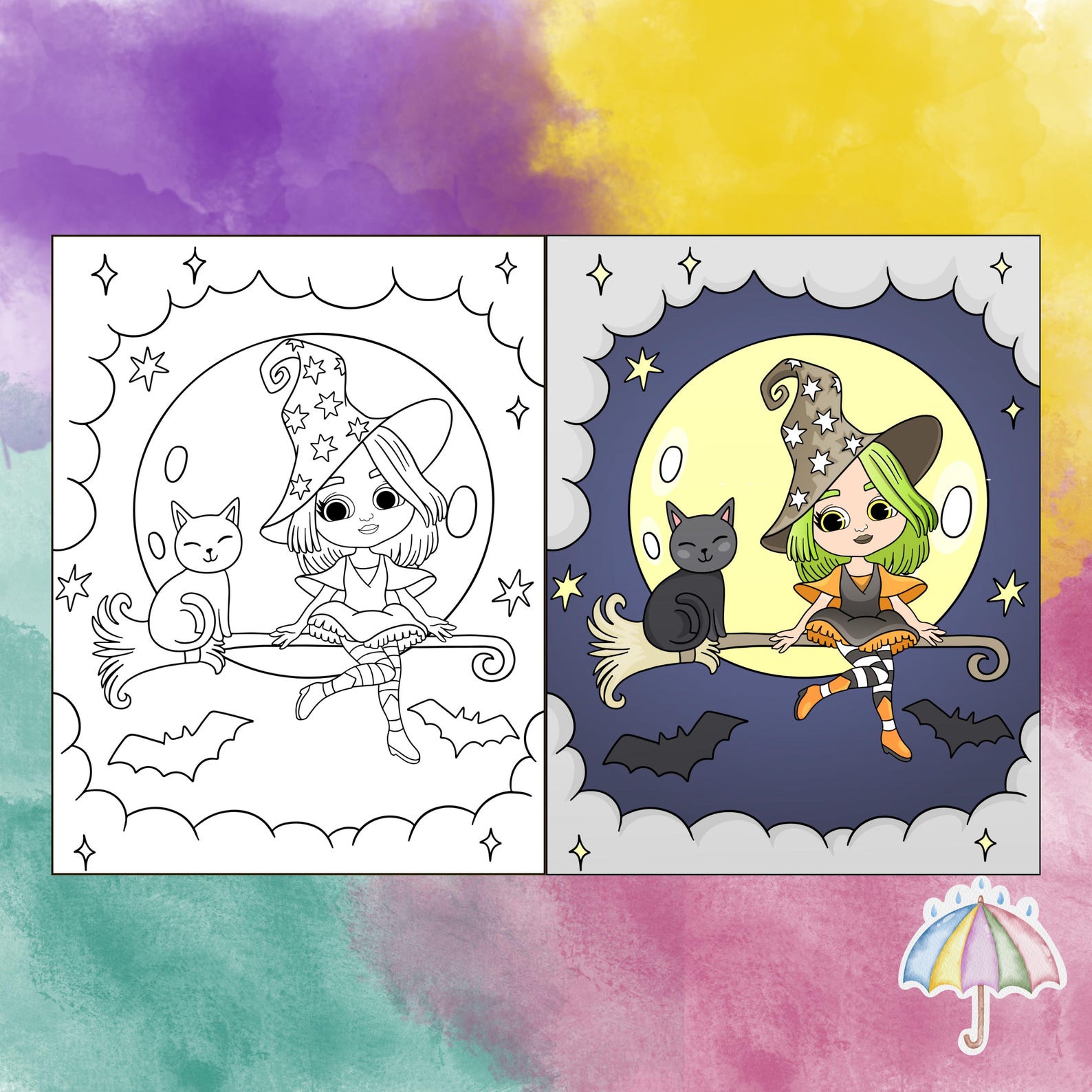Friendly Witches Coloring Page, Halloween Theme Coloring Book, PDF ...