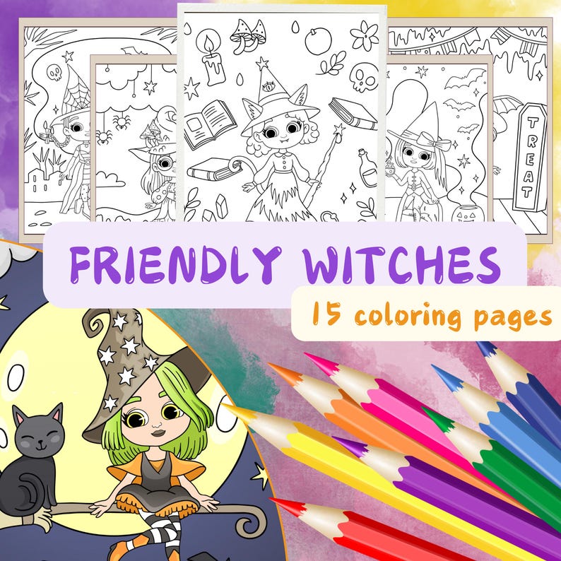 Friendly Witches Coloring Page, Halloween Theme Coloring Book, PDF ...