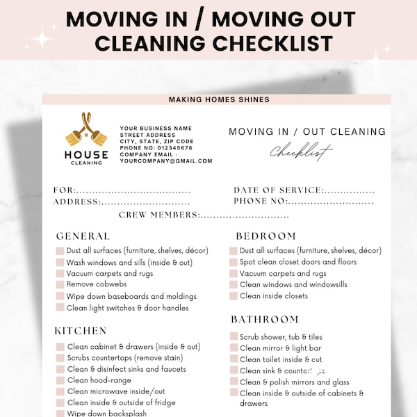 Move in / Out Cleaning Checklist, Editable House Moving Cleaning ...