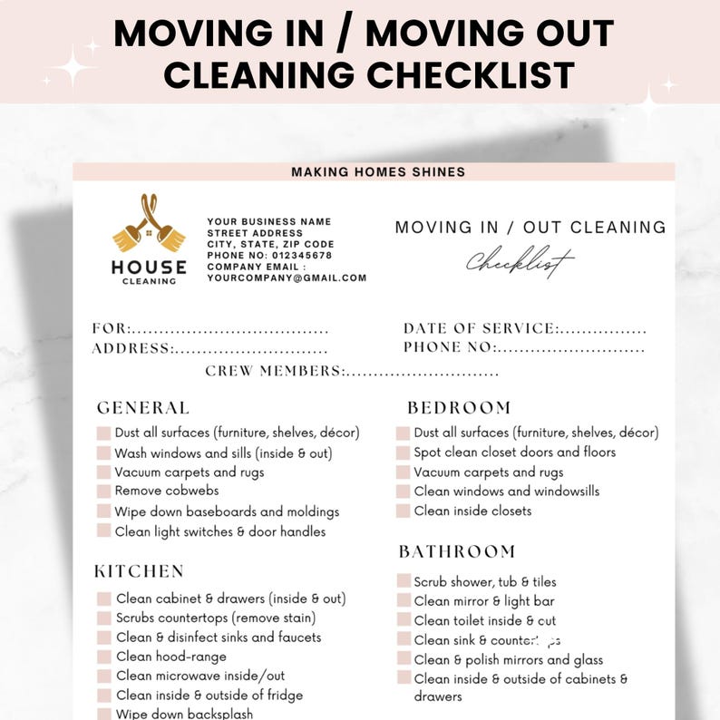 Move in / Out Cleaning Checklist, Editable House Moving Cleaning ...