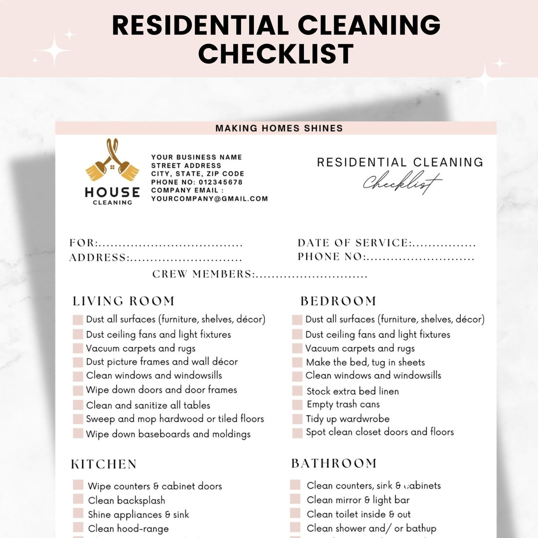 Residential Cleaning Checklist, Cleaning Planner, House Cleaning ...